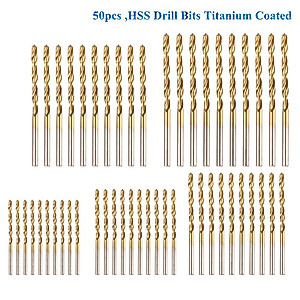 50PCS, 1/16", 5/64", 3/32", 7/64", 1/8", 10pcs for Each,Titanium Twist Drill Bits