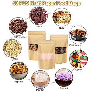 Blisstime Stand Up Pouch Bags, 50 Pack Kraft Paper Zip Lock Pouches with Matte Window and Tear Notch Resealable Bags for Small Business Home Use (4.7" X 7.9")