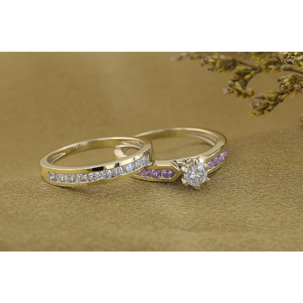 Dazzlingrock Collection Round Pink Sapphire & White Diamond Ladies Wedding Ring Set in 14K Yellow Gold, Size 7.5