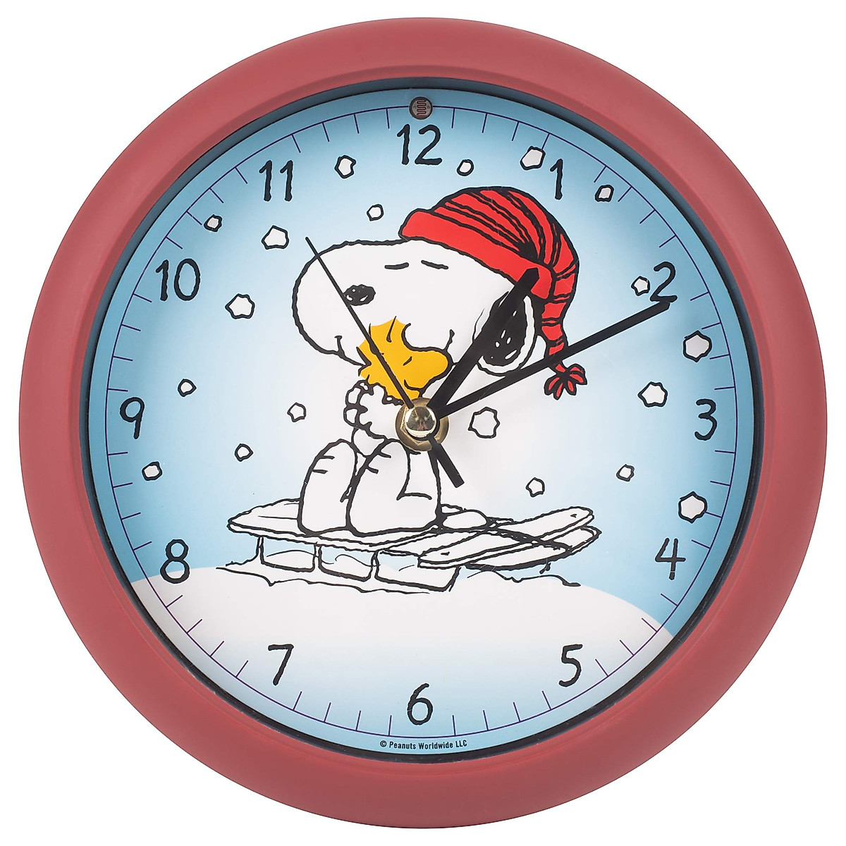 Mark Feldstein & Associates Peanuts Snoopy On Sled Linus and Lucy Sound Blue 8 x 8 Christmas Clock