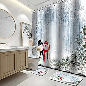 Christmas Shower Curtain Set 4PC with Christmas Shower Curtain with Toilet Lid Cover and Bath Mat, Christmas Still Life Decoration with Snowman Christmas Bathroom Set Winter Holiday Home Decor