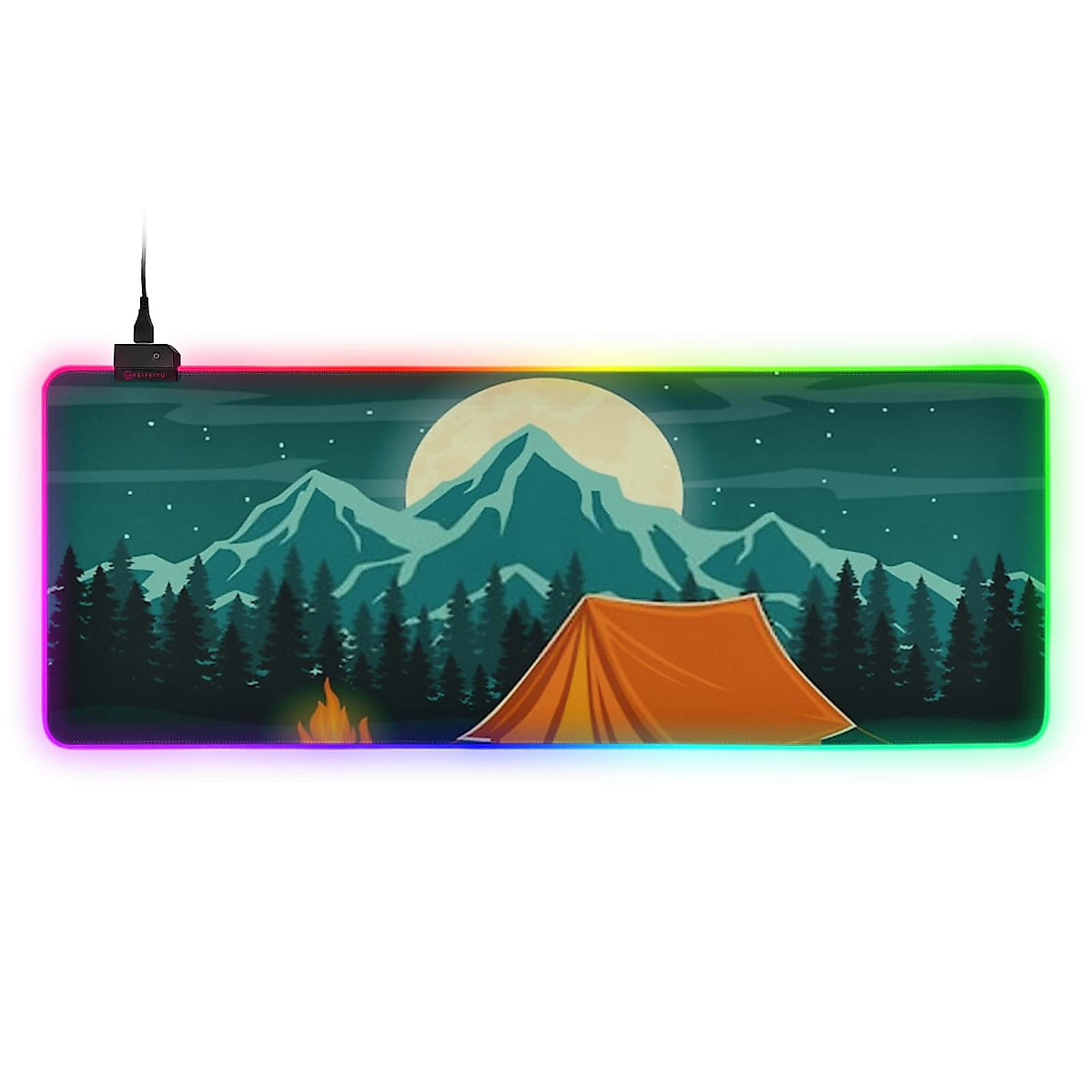 Large RGB Gaming Mouse Pad Family Adventure Camping Evening Scene Tent Glowing Extended Mousepad 35.4x15.7in, Soft Anti-Slip Rubber Base Luminous Mouse Mat for Pc Laptop, Gaming, Office, Home