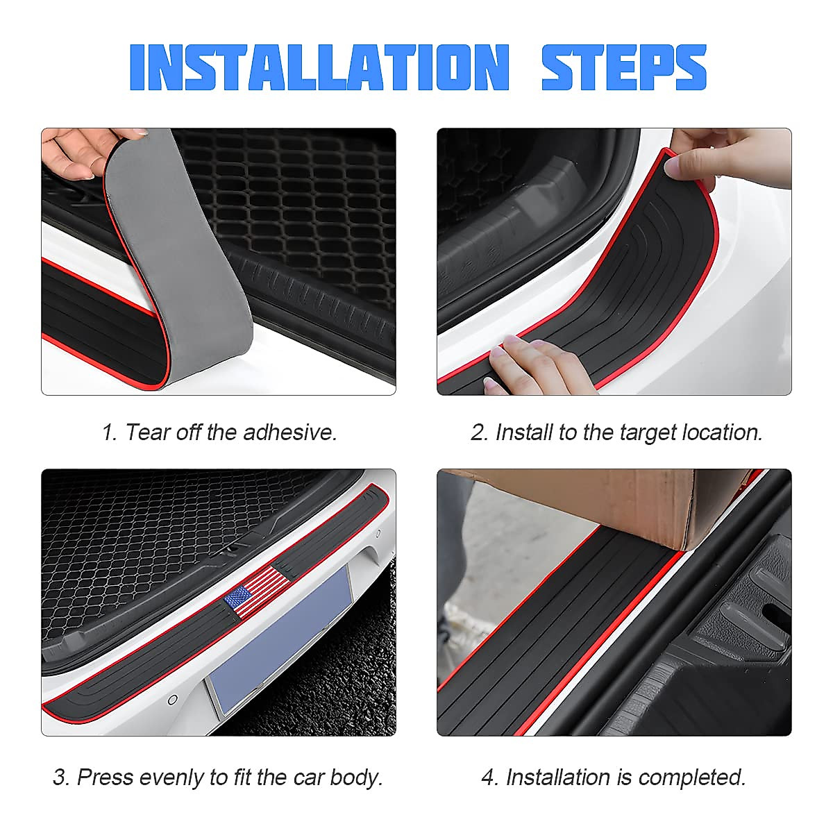Car Rear Bumper Protector Guard, American Flag Anti-Scratch Door Entry Sill Guard, Non-Slip Rubber Vehicle Trim Cover Protection Strip, Car Accessories for Most Cars (Black/Red Flag/35.4"x2.7")