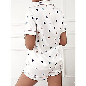 Verdusa Women's Satin Sleepwear Short Sleeve Shirt and Shorts Pajama Set White Heart XL