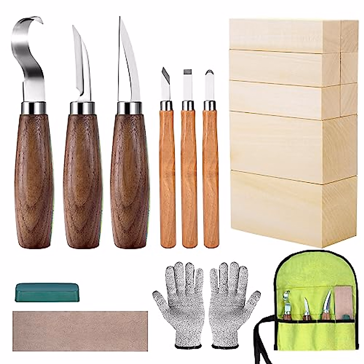 Wood Whittling Kit for Beginners Kids and Adults,Wood Carving kit Set With 8PCS Basswood Carving Blocks,Wood Carving Tools Gift include 6PCS Whittling Knife,Gloves,Roll Bag,Sharpener for Widdling Kit