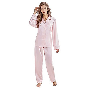 TONY & CANDICE Women's Classic Satin Pajama Set Sleepwear Loungewear (Large, Light Pink)