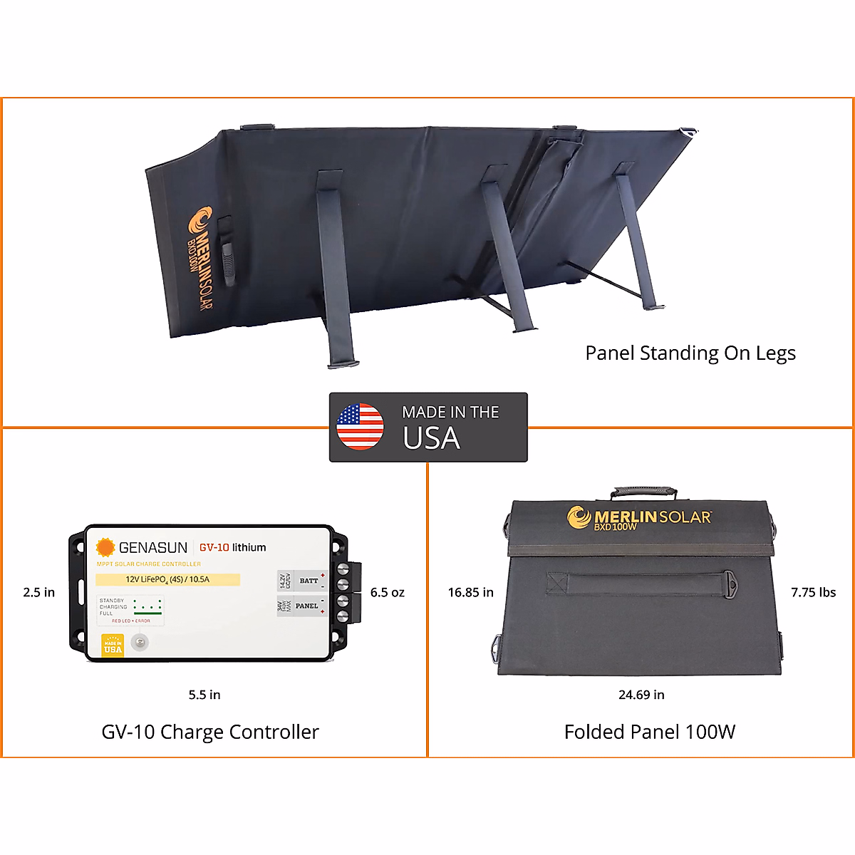 Genasun-Merlin Portable Solar Kit, 100W Foldable Merlin Panel and Genasun MPPT Solar Charge Controller GV-10 to Charge 4S LiFePo4 Batteries or Power Stations. Ideal for RVs, Camping, Marine, Off-Grid.