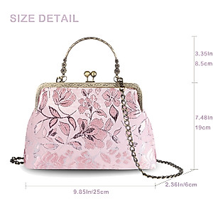 Abuyall Floral Top Handle Handbag Chain Strap Women Kiss Lock Canvas Frame Shoulder Bag Pink-leaf