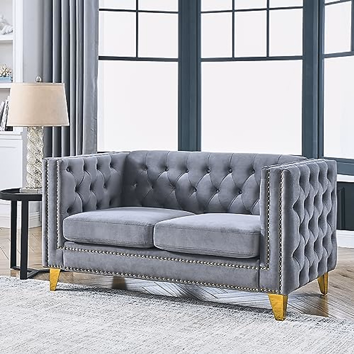 Melpomene Velvet 58" Upholstered Button Tufted Loveseat Sofa with Metal Legs, Chesterfield Sofa 2 Seat Sofa with Nailhead Trim,Grey