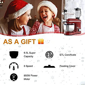 Nurxiovo 3 in 1 Stand Mixer, 850W Tilt-Head 6.5QT Kitchen Food Mixer, 6 Speed with Pulse Electric Mixer, Multifunction Standing Mixers, Meat Blender and Juice Extracter Red