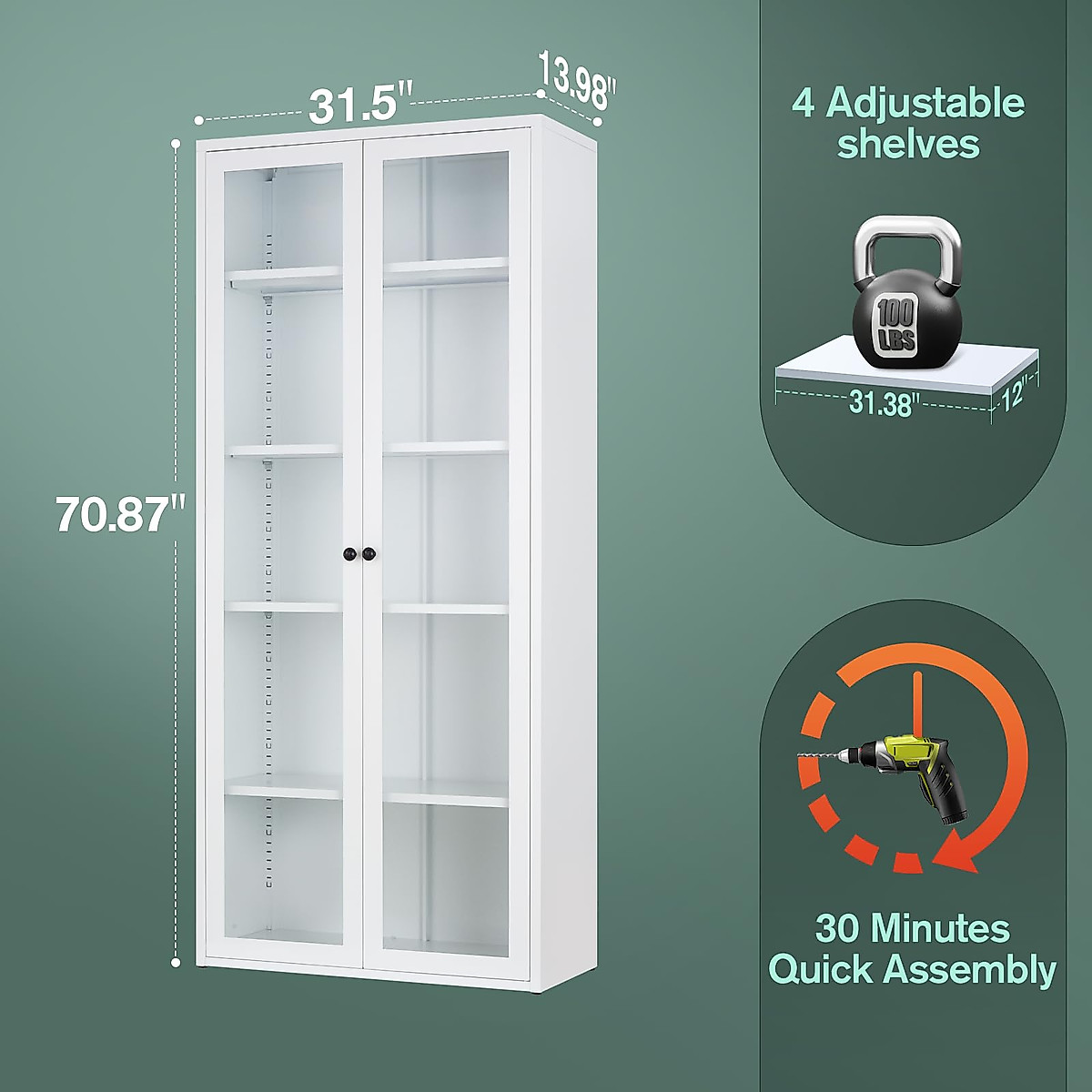 IRONMIX Display Cabinet with Glass Doors, 5-Tier Metal Storage Cabinet, Pantry Cabinet for Kitchen with Adjustable Shelves, Tall Bookshelf with Doors for Home Office (White - Glass Door)