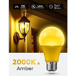 LOHAS Yellow LED Bug Light Bulbs Outdoor, A19 9W Bug Lights for Outside, 60W Equivalent, 2000K Amber Porch Light Bulb, Non-Attracting, E26 Base, Not-Dimmable, Ideal for Patio, Deck, Backyard, 2 Pack