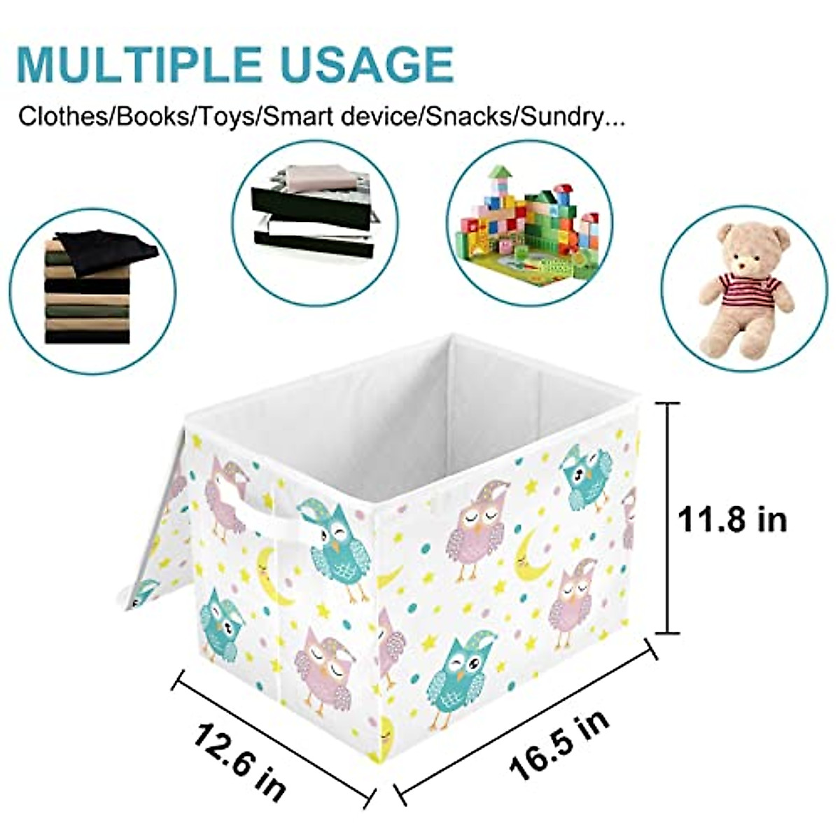CaTaKu Owls Moon Stars Storage Bins with Lids and Handles, Fabric Large Storage Container Cube Basket with Lid Decorative Storage Boxes for Organizing Clothes