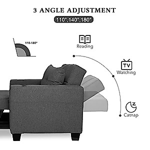 DURASPACE Futon Sofa Bed, 3 in 1 Convertible Sofa Chair Bed, Adjustable Backrest Chair, Chaise Lounge with USB Ports, Cup Holder, Side Pocket, Storage Box for Living Room (Dark Gray Linen)