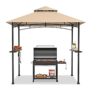 Tangkula 8x5 Ft Grill Gazebo, Double Tiered Outdoor BBQ Gazebo with 2 Side Shelves, 5 Hooks, Bottle Opener, Barbecue Grill Gazebo Shelter for Patio, Garden, Beach, Backyard (Khaki)