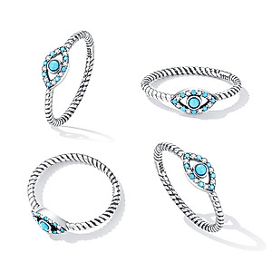 Dtja Turquoise 925 Sterling Silver Rings for Women CZ Blue Birthstone Bohemian Statement Engagement Stackable Band Ring Boho Birthday Wedding Mother's Day Jewelry (Evil Eye Size 8)