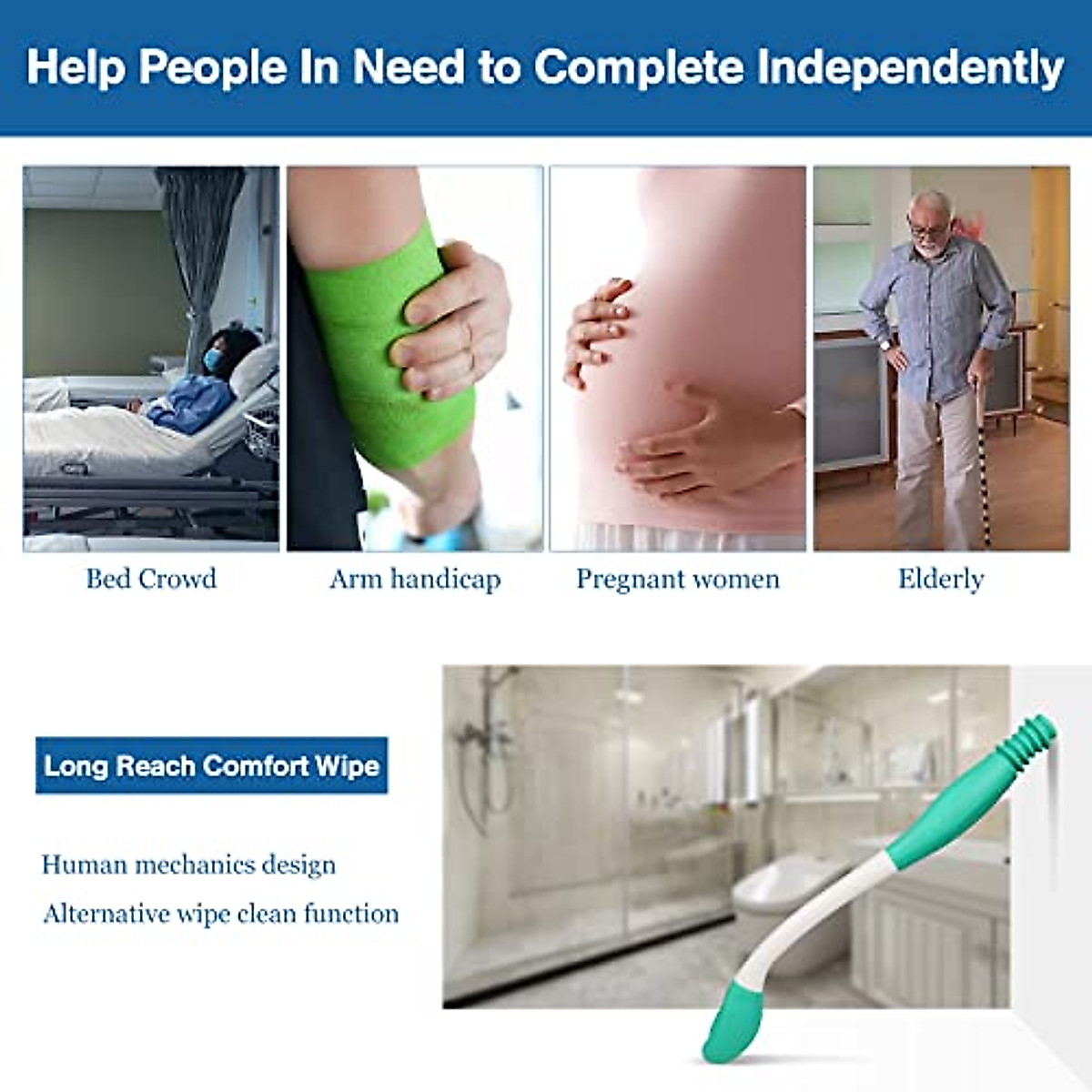 Long Reach Comfort Wipe Toilet Aids Tools, Bottom Wiper, Extends Your Reach Over 15" Grips Toilet Paper or Pre-Moistened Wipes