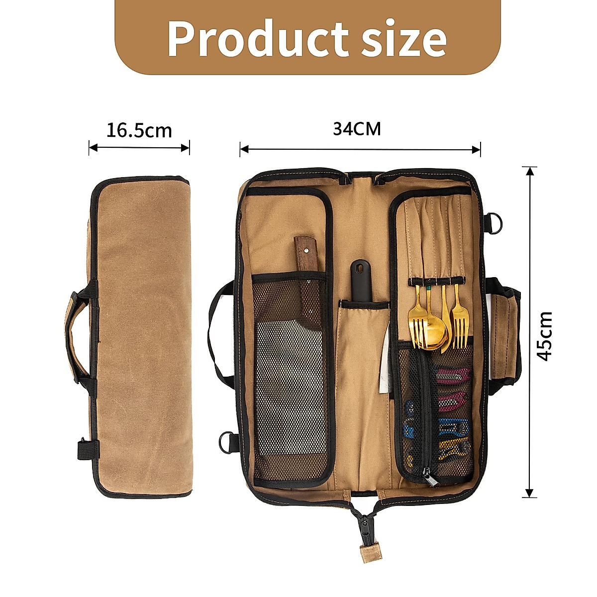 Knife Roll,Waxed Canvas Knife Bag,Heavy Duty Knife Case,Chef Knife Bag Roll with 13 Slots for Knives and Kitchen Tools,Knife Roll Bag For Chefs Culinary Traveling,Knives Pouch Holder Wrap (Khaki)