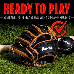 Franklin Sports unisex youth Right Handed Thrower Franklin Sports Kids Baseball Gloves RTP Child s Tball Glove Ball Set Boys Girls Teeball Mit, Black/Tan, 9.5 US