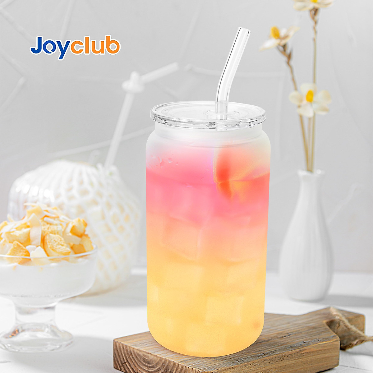 Joyclub 4 Pack Acrylic Lids Fit for 16 oz Glass Cups with Lids and Straws, Replacement Lids for Drinking Beer Glasses with Bamboo Lids Iced Coffee Cups Cute Tumbler Cup (Clear)