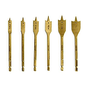 CUTTEX TOOLS Spade Drill Bit Set in Titanium Coating, 6 Pcs Titanium Drill Bit for Woodworking, 3/8" to 1", Full Set, Paddle Flat Bits (Titanium Coating), Nylon Storage Pouch Included