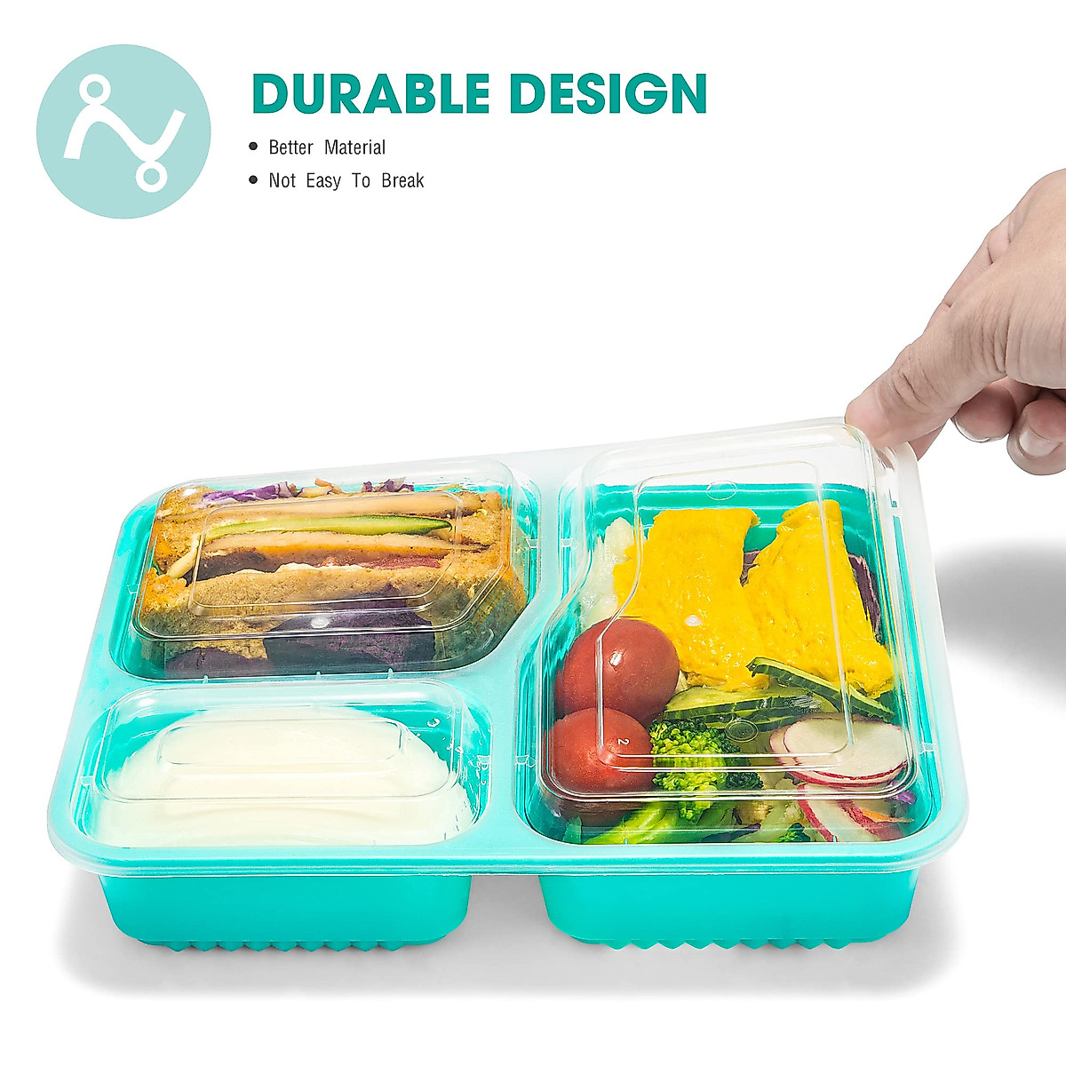 Glotoch Meal Prep Container Reusable, 15 Pack 34oz 3 Compartment To Go Containers for Food Snack, Plastic Divided Food Storage Meal Prep Containers With Lids for Microwave Freezer BPA-Free,Safe,Green