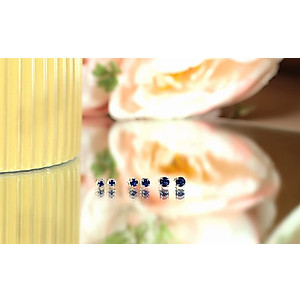 Blue Earrings for Women Sterling Silver Studs Synthetic Spinel Gemstone Sapphire Earring Jewelry Set for Bridesmaids Fashion Trendy Gift, 3mm 4mm 5mm, 3-Pairs