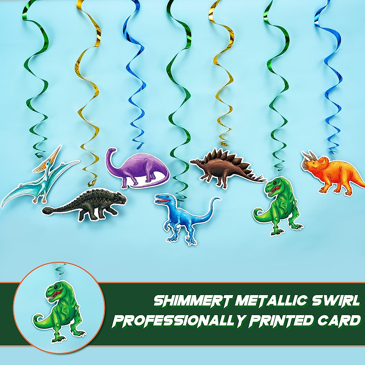 WERNNSAI Dinosaur Hanging Swirls - 21PCS Dinosaur Party Decorations for Birthday Party Ceiling Decorations for Kids Boys Themed Party Supplies Dino Party Favors Glitter Decor Hanging Streamers