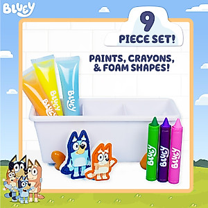 Bluey Bath Creations, 9-Piece Bluey Activity Set, Fun Bluey Bath Toys, Includes Washable Bath Paints, Bath Crayons, Bath Toy Storage, Bath Paint for Toddlers 1-3, Fun Bluey Gifts, Toddler Art Supplies