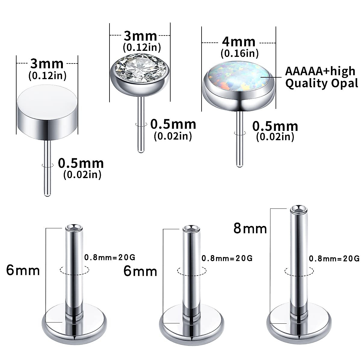 VOJO Tragus Labret Threadless Push in Cartilage Nose Studs G23 Titanium 20G Medusa Piercing Jewelry, Flat Backed Earrings for Helix (20G 6/6/8mm, White Opal)