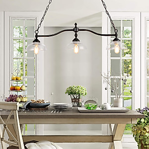 LOG BARN Dining Room Light Fixture Hanging, Farmhouse Chandelier in Rustic Black Metal with Clear Glass Shades, Adjustable Chains, Pendant for Kitchen Island