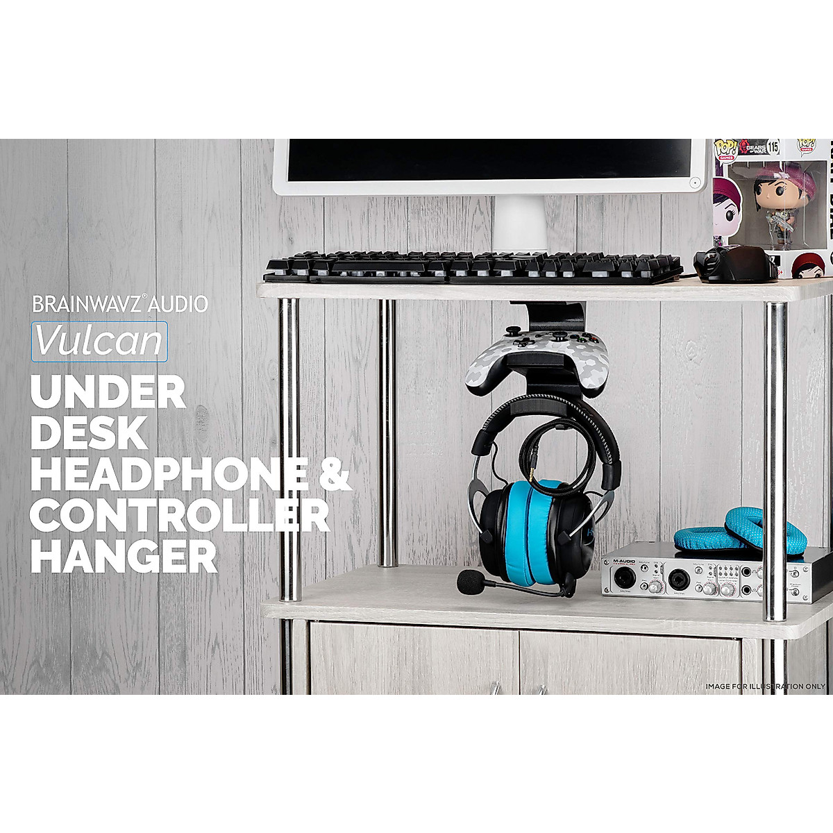 BRAINWAVZ The VULCAN - Under Desk Gamepad Controller & Headphone Hanger Holder Stand - Designed for XBOX ONE, PS4, PS3, PS5, Dualshock, Switch, PC, Steelseries, Steam & More
