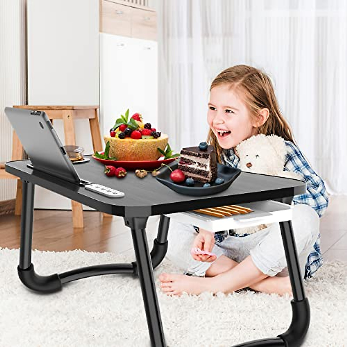 Zapuno Laptop Lap Desk, Foldable Laptop Table Tray with 4 USB Ports Storage Drawer and Cup Holder, Laptop Bed Desk Laptop Stand for Bed Lap Tray Portable Standing Table for Bed Couch Floor
