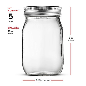 Paksh Novelty Mason Jars - Food Storage Container - 16 Oz - 5-Pack Regular Glass jars- Airtight Container for Pickling, Canning, Candles, Home Decor, Overnight Oats, Fruit Preserves, Jam or Jelly