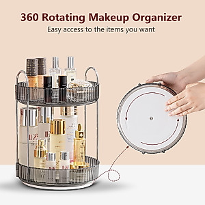 INVSSENE 360° Rotating Makeup Organizer, Bathroom Make Up Spinning Holder Rack, Large Capacity Cosmetics Storage Vanity Shelf Countertop, Fits Cosmetics, Perfume, Skincare, Lipsticks(2 Tiers, Gray)