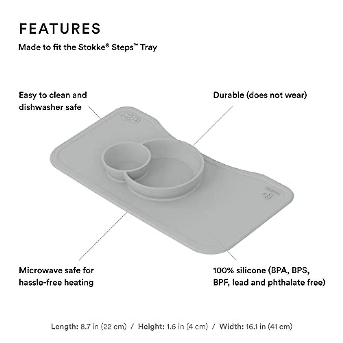 ezpz by Stokke Placemat for Steps Tray, Grey - Perfectly Fits Stokke Steps High Chair Tray - Helps Prevent Messy Mealtimes - Durable, Convenient, Dishwasher & Microwave Safe - 100% Silicone