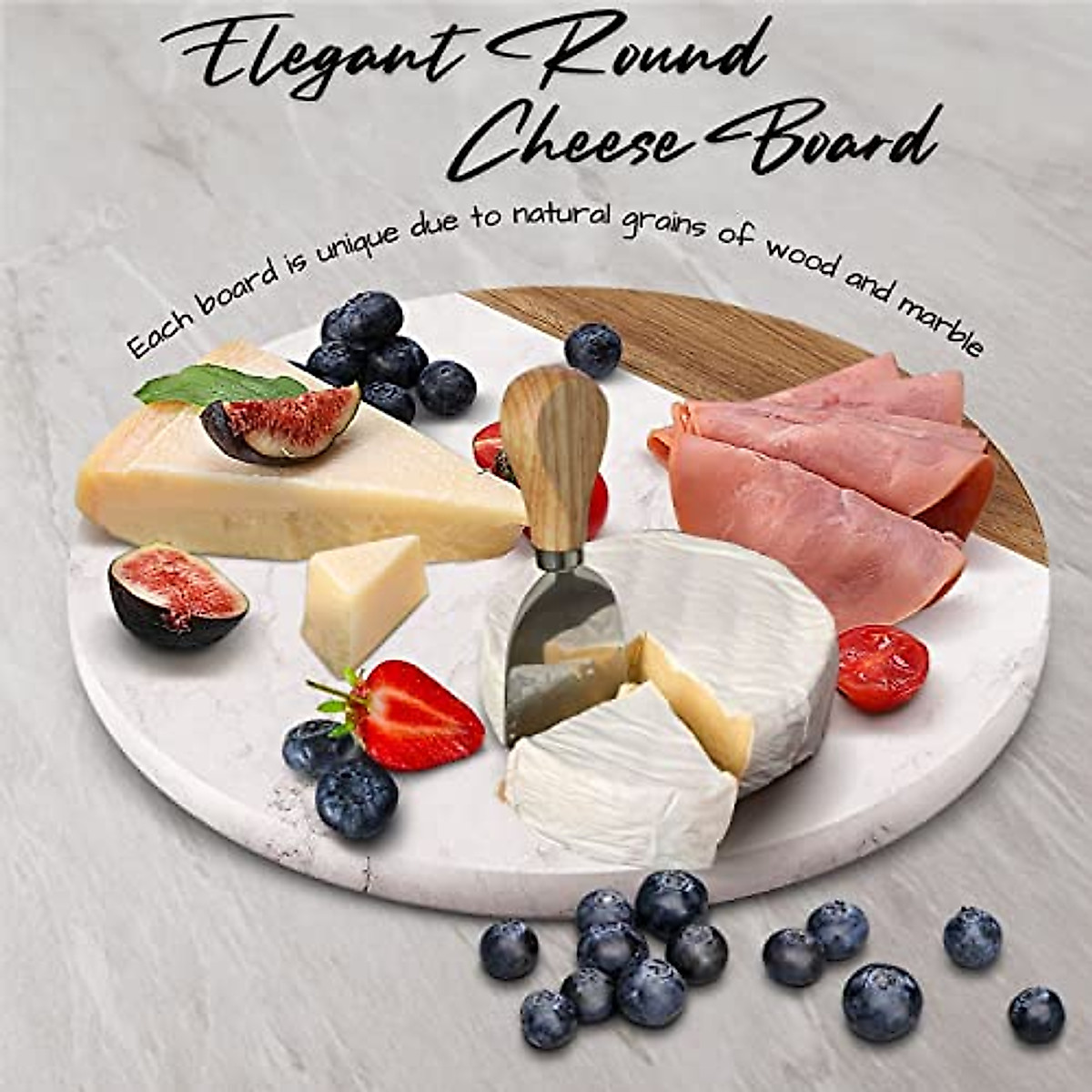 Flexzion Round Marble Cheese Board - 11 Inch White Marble and Wood Cheese Board for Charcuterie, Cheese, Cutting, Pastry, Trivet - Non-Stick and Heat Resistant Marble Board