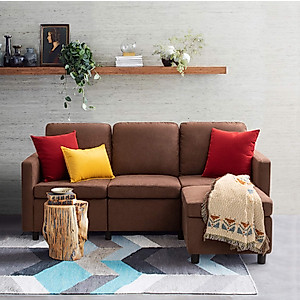 Flamaker Convertible Sectional Sofa L-Shaped Couch 3-seat Modern Fabric Reversible Sofa Couch for Living Room (Brown)