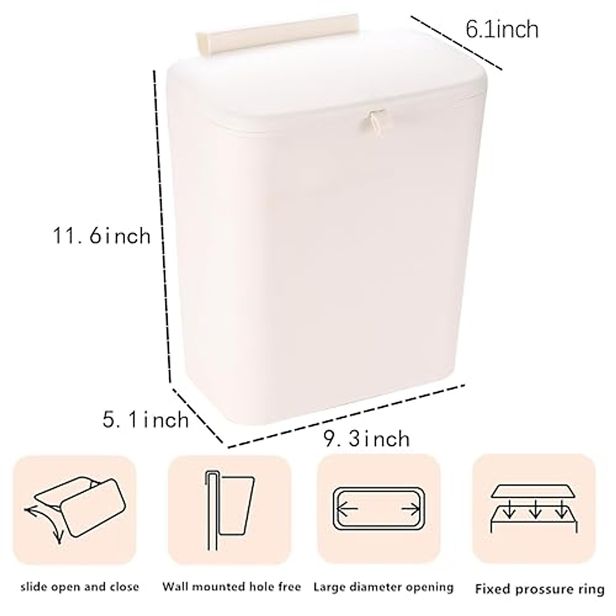 Hanging Kitchen Trash Can,2.4 Gallon Waste Bin with Lid for Kitchen,Small Plastic Compost Bin for Counter Top or Under Sink,Mountable Garbage Can for Bedroom,Bathroom, Cabinet,Car and Office,White