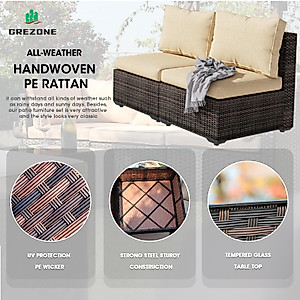 Grezone Patio Furniture Sets 7 Pieces with Fire Pit Table Patio Sectional Outdoor Furniture Patio Sofa Chairs Set PE Rattan Wicker Couch Conversation Set with No-Slip Cushions Waterproof Covers Beige