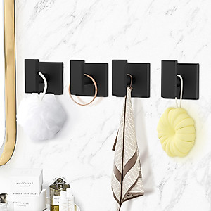 IBosins 4-Pack Bathroom Hooks Hand Towel Holder Matte Black Wall Hooks for Livingroom Bedroom Kitchen Closet Heavy Duty Stainless Steel Hook Hanger for Robe, Bath Towel, Coat (Square)