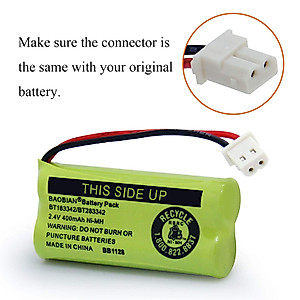 BAOBIAN BT183342/BT283342 2.4V 400mAh Ni-MH BT166342/BT266342 BT162342/BT262342 Rechargeable Cordless Phone Battery CS6709 CS6609 CS6509 CS6409 EL52100 EL50003 (2 Pack)
