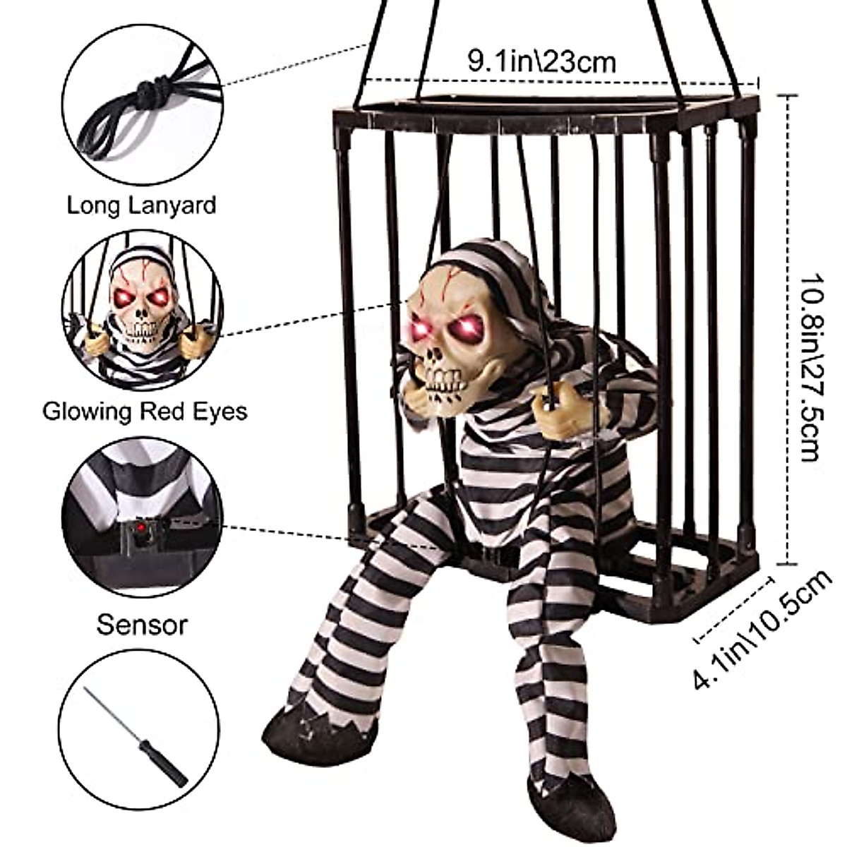 BINDUO Scary Halloween Decoration Outdoor Skull Decor with Motion Sensor Hanging Skulls Prisoner Cage Light Up Eyes Talking Spooky Spirit Halloween Animatronic Home Decor