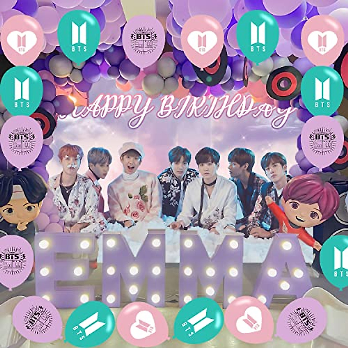 BTS Bangtan Boys Happy Birthday Backdrop Cartoon BTS Banner Poster for Bangtan Boys Fans Girls BTS Theme Party Decorations Kpop Bangtan Boys Birthday Supplies Background Studio Shoot Photo Props Booth