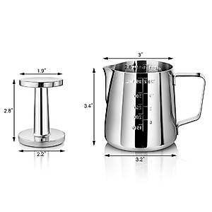 New Star Foodservice 28829 Commercial Grade Stainless Steel 18/8 12 oz Frothing Pitcher and Die Cast Aluminum Tamper Combo Set, Silver
