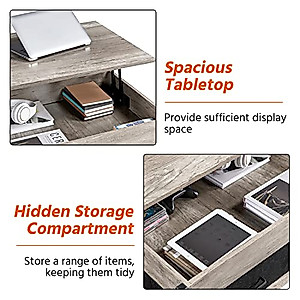Yaheetech 47.5 Inch Lift Top Coffee Table with Hidden Compartment and 2 Fabric Storage Baskets, Rustic Wood Center Table with Tabletop Raisable Top for Living Room, Gray