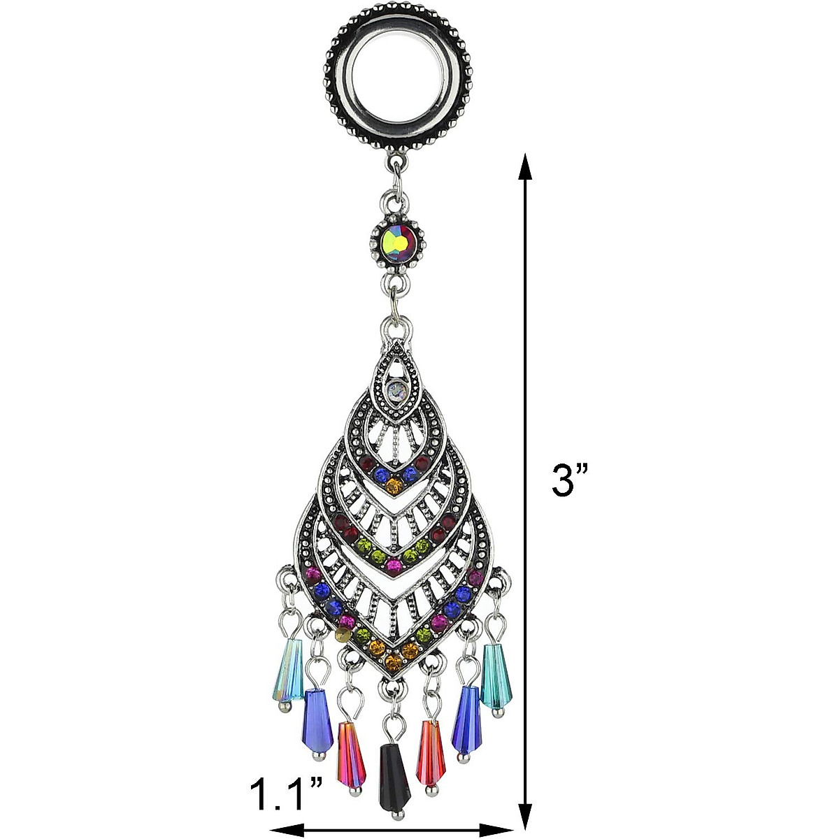 1/2 inch 12mm 316L Surgical Steel Bohemian Multicolor Crystal Tassel Dangle Ear Gauges Piercing Flesh Tunnels Plugs Statement Earrings