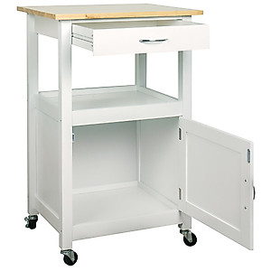 eHemco Kitchen Island Cart on Wheels with Drawer, Storage Cabinet, Shelf and Natural Solid Hardwood Top, White Base