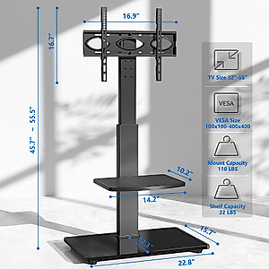 Rfiver Universal Swivel Floor TV Stand with Mount for 32-65 Inch Flat Screens/Curved TVs up to 110 lbs, Tall TV Stand with Black Tempered Glass Base and 2-Tier Storage Shelves, Height Adjustable