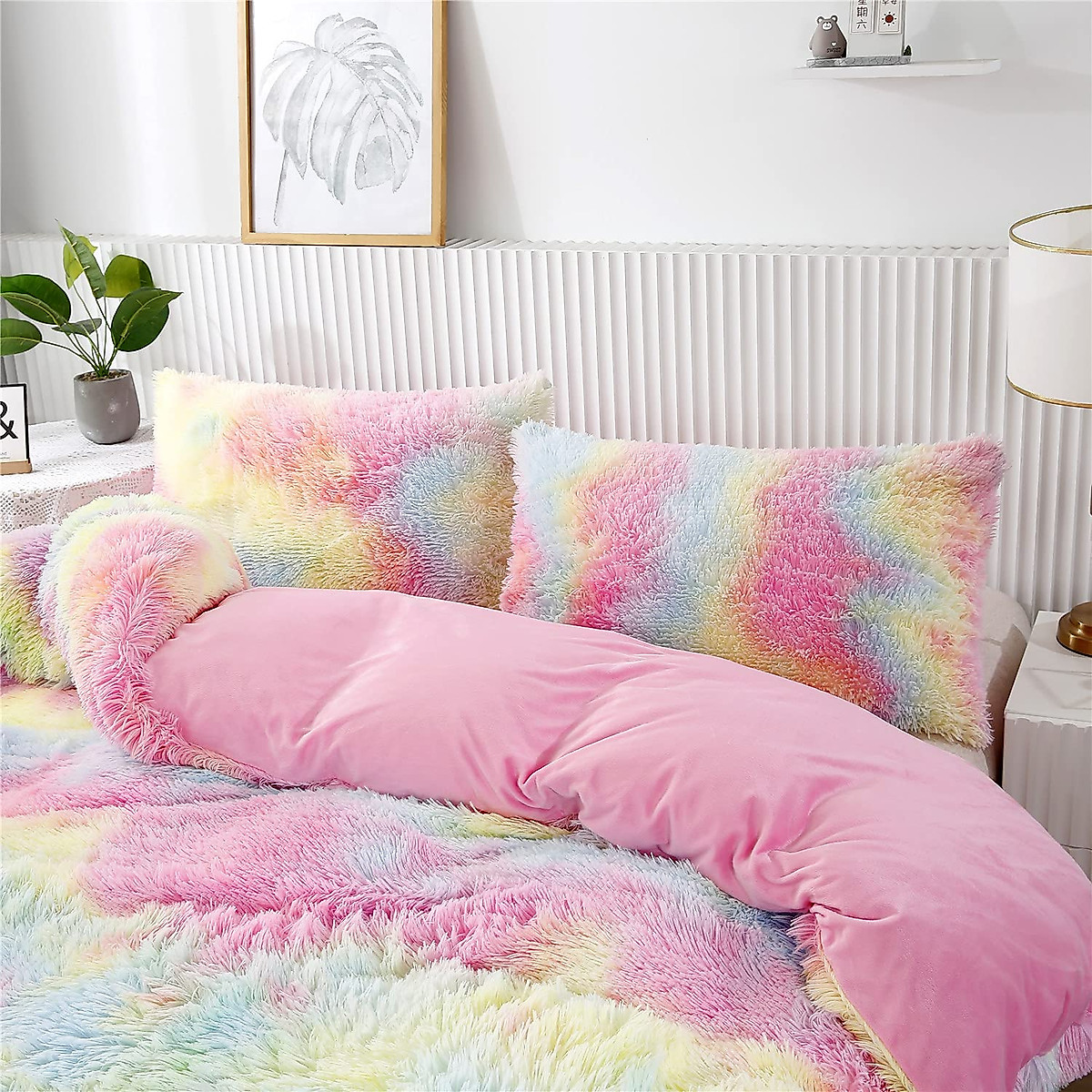 RYNGHIPY 3Pcs Rainbow Girls Bedding Sets Twin Size Ultra Soft Long Hair Plush Shaggy Duvet Cover with Pillowcases Colorful Tie Dye Bedding Set with Hidden Zipper Closure (Colorful Pink,Twin)